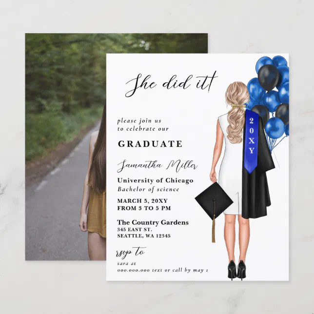 Budget Blue Photo She Did It Graduation Invitation | Zazzle