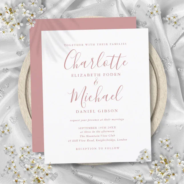 Budget Dusty Rose Script Wedding Invitation | Zazzle