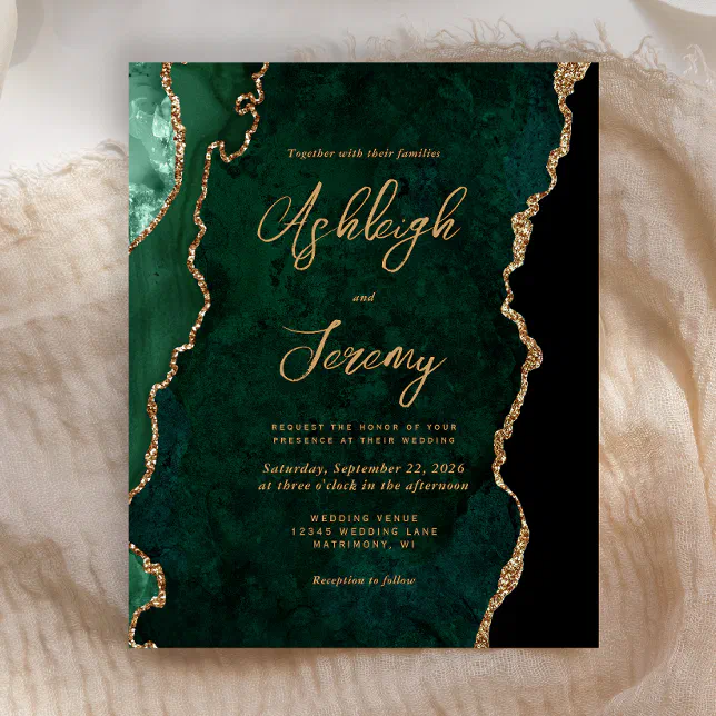 Budget Emerald Green Agate Script Wedding Invite | Zazzle