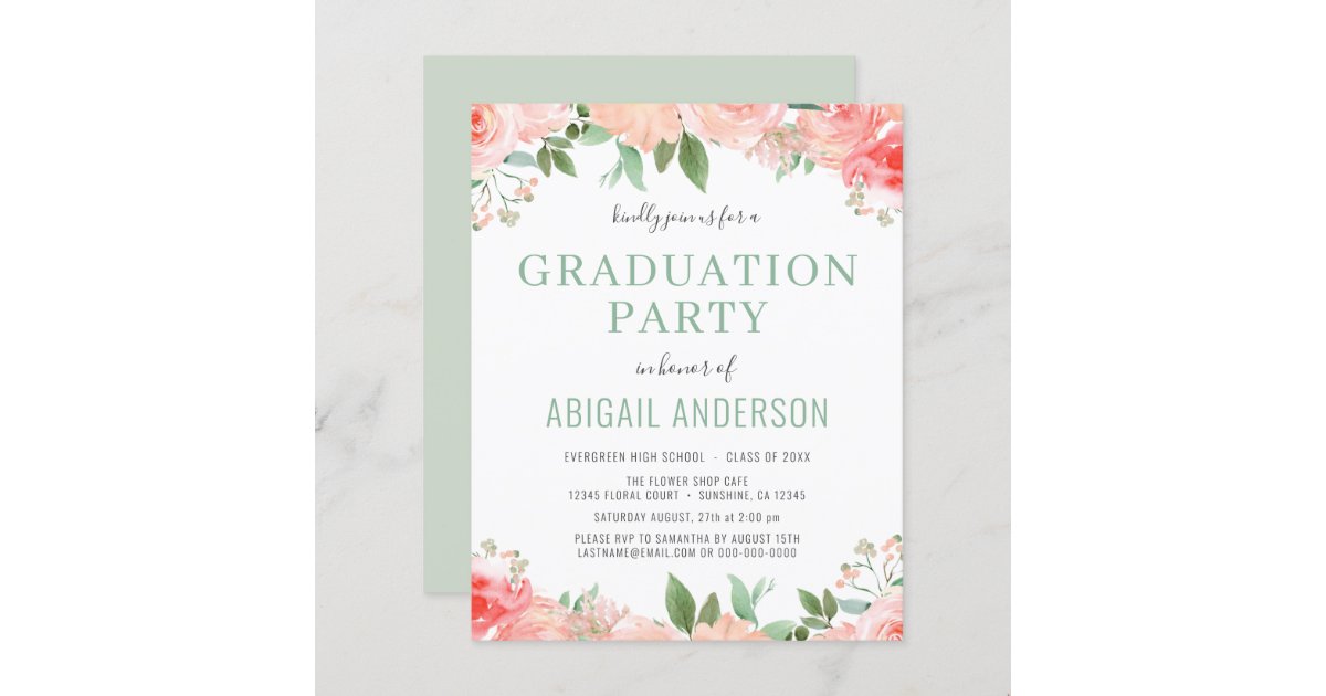 Budget Girly Graduation Sage Floral Invitation | Zazzle