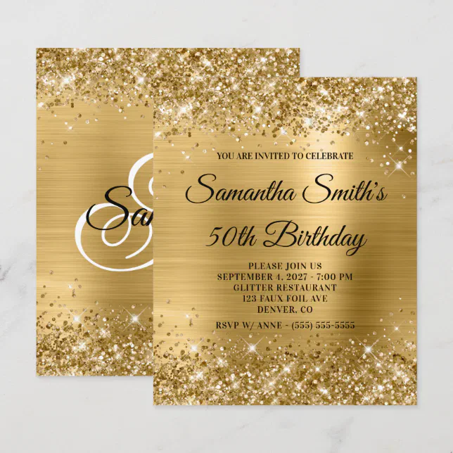 Budget Glittery Gold Monogram 50th Birthday Invite | Zazzle