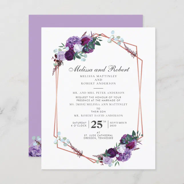 Budget Purple Floral Geometric Wedding Invitation | Zazzle