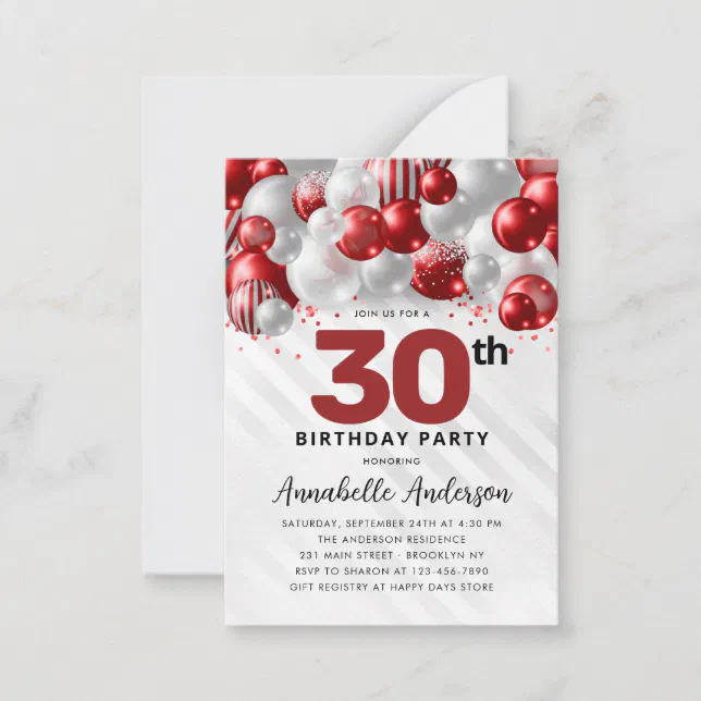 Budget Red Silver Balloon Glitter 30th Birthday Card | Zazzle