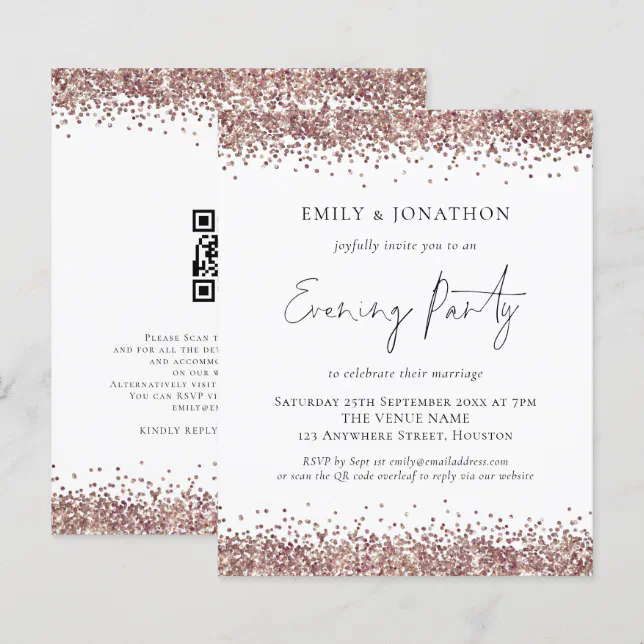 BUDGET Rose Gold Glitter QR Code Evening Invite | Zazzle