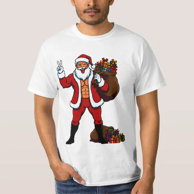 Buff Santa Peace Sign! Ripped Abs & Funny Christma T-Shirt | Zazzle