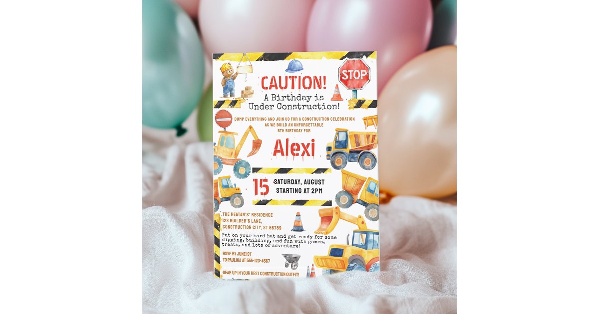 Builder Construction Zone 5th Birthday Kids party Invitation | Zazzle
