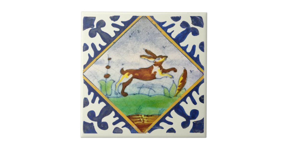 Bunny Rabbit 1650s Delft Polychrome Repro Tile | Zazzle