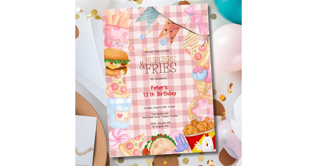 Burgers and fries fast food birthday party invitation | Zazzle