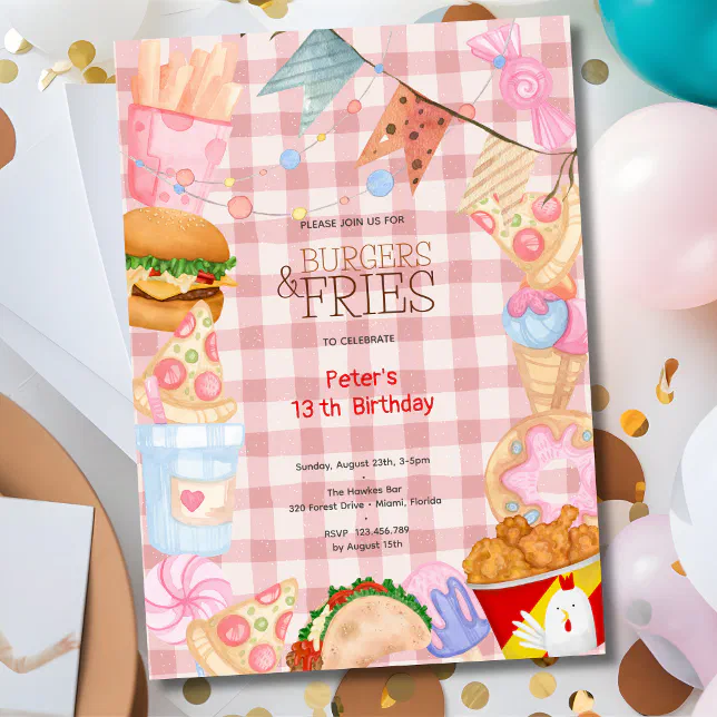 Burgers and fries fast food birthday party invitation | Zazzle
