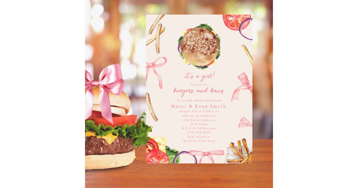 Burgers & Bows Hamburger BBQ Cookout Baby Shower Invitation | Zazzle
