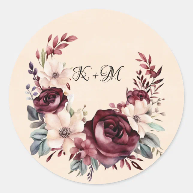 Burgundy and Cream Watercolor Roses Wedding Classic Round Sticker | Zazzle