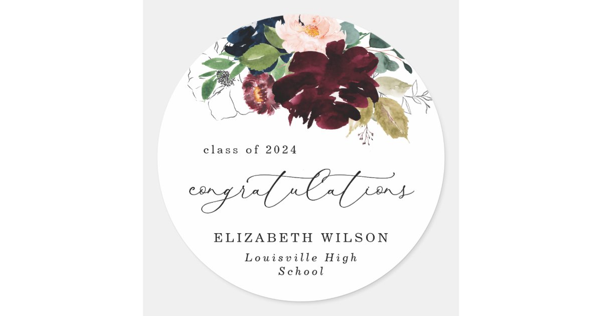 Burgundy Blue Florals Congratulations Graduation Classic Round Sticker ...