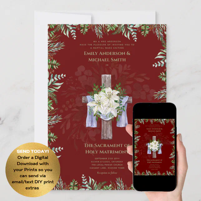 Burgundy Cross Catholic Nuptial Mass Wedding Invitation | Zazzle