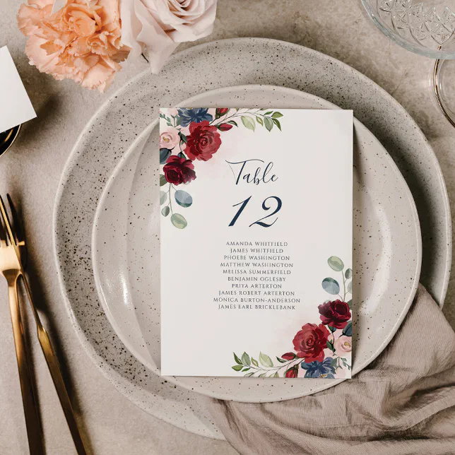 Burgundy Floral Greenery Wedding Table Number 12 | Zazzle