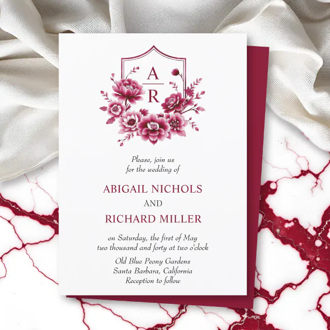 Burgundy floral peony flower crest wedding invitation | Zazzle
