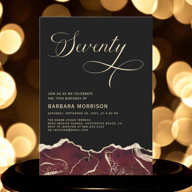 Burgundy Gold Agate 70th Seventy Birthday Party Invitation | Zazzle