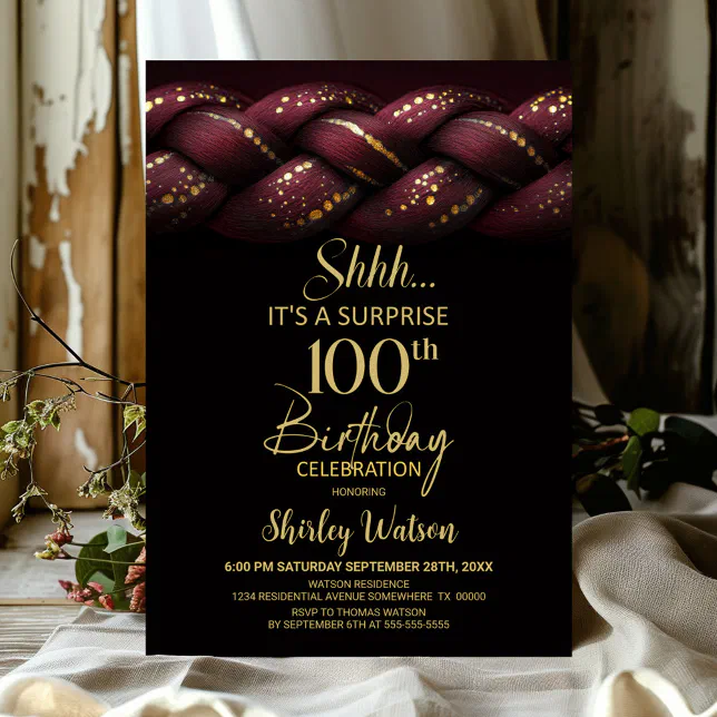 Burgundy Gold Braid Surprise 100th Birthday Party Invitation | Zazzle