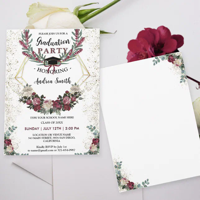 Burgundy Red Floral Gold Glitter Graduation Party Invitation | Zazzle