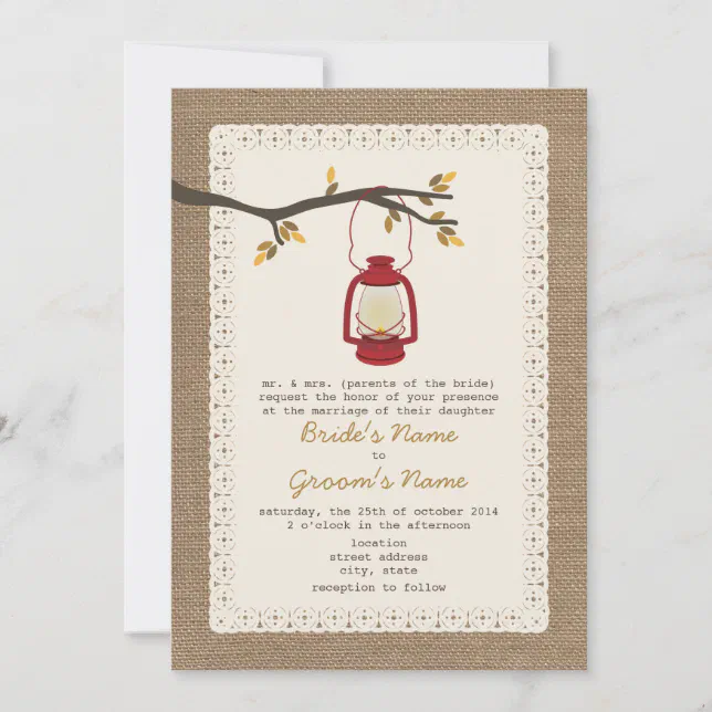 Burlap Inspired / Oil Lantern Camping Fall Wedding Invitation | Zazzle