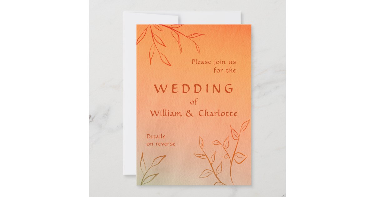 Burnt Orange Line-art Leaves Ombré Autumn Wedding Invitation | Zazzle