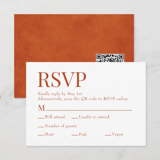 Burnt Orange Scan Qr Code Meal Choice Wedding RSVP Card | Zazzle