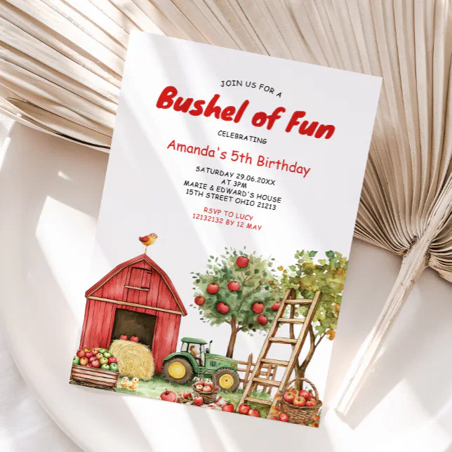 Bushel of Fun Birthday Girl Red Gingham Party Invitation | Zazzle