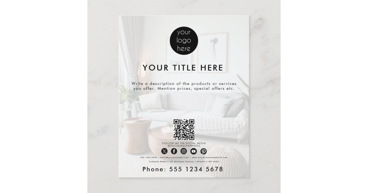 Business Logo QR Code Social Media Faded Photo Flyer | Zazzle
