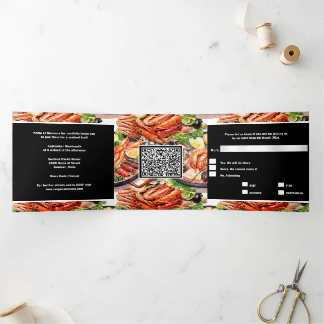 Business seafood year end function paella dish Tri-Fold invitation | Zazzle