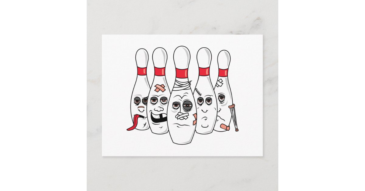 busted up injured bowling pins cartoon postcard | Zazzle