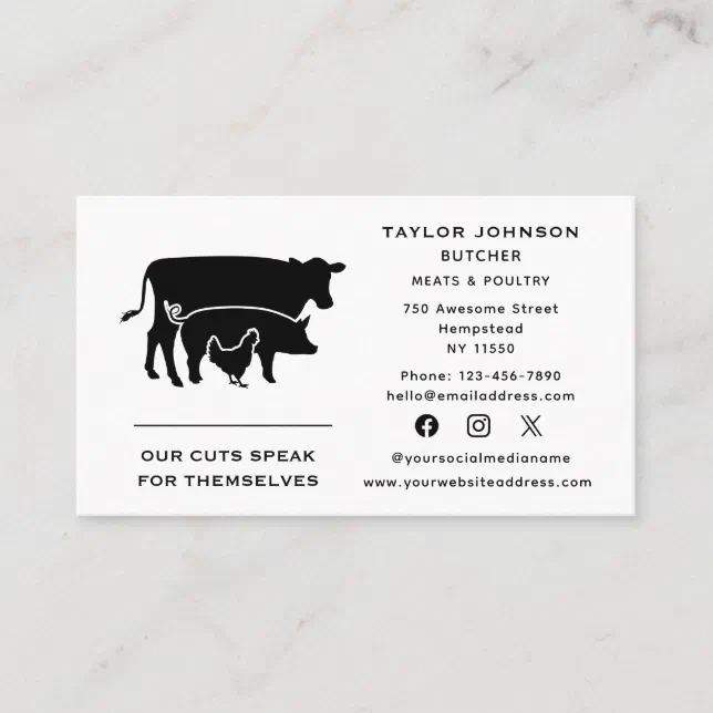 Butcher Meat Market Cow Pig Chicken Social Media Business Card | Zazzle