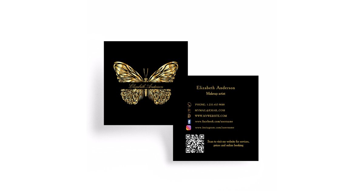 Butterfly black gold QR code elegant script Square Business Card | Zazzle