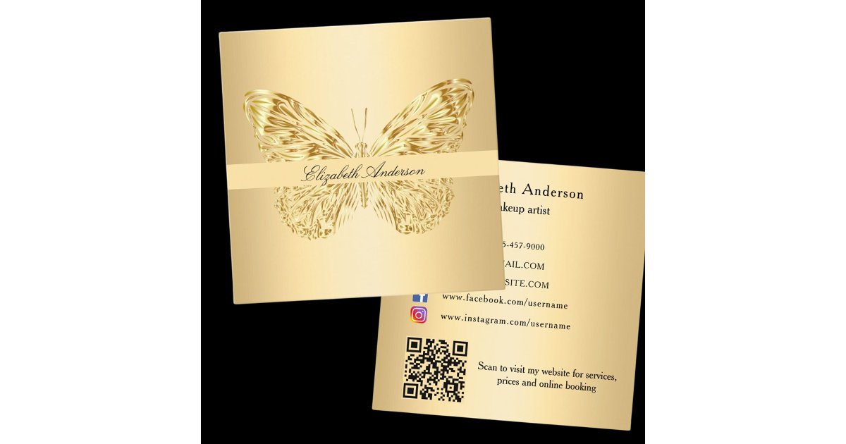 Butterfly gold QR code elegant script Square Business Card | Zazzle