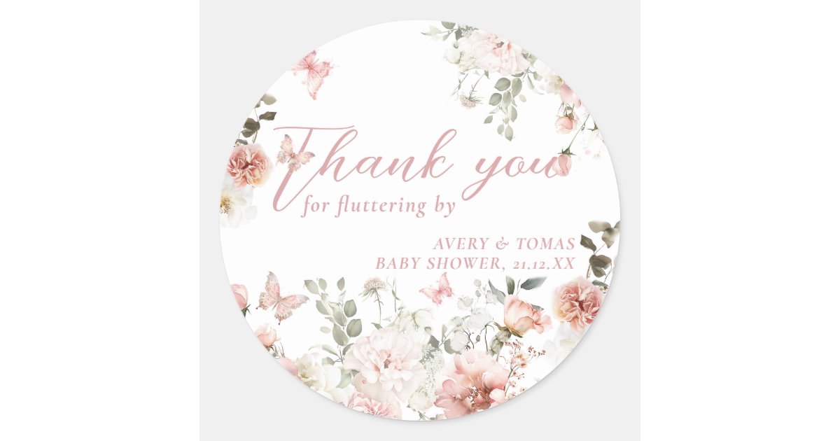Butterfly Pink Floral Baby Shower fluttering by Classic Round Sticker ...