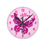 Butterfly purple girls room name wall clock | Zazzle