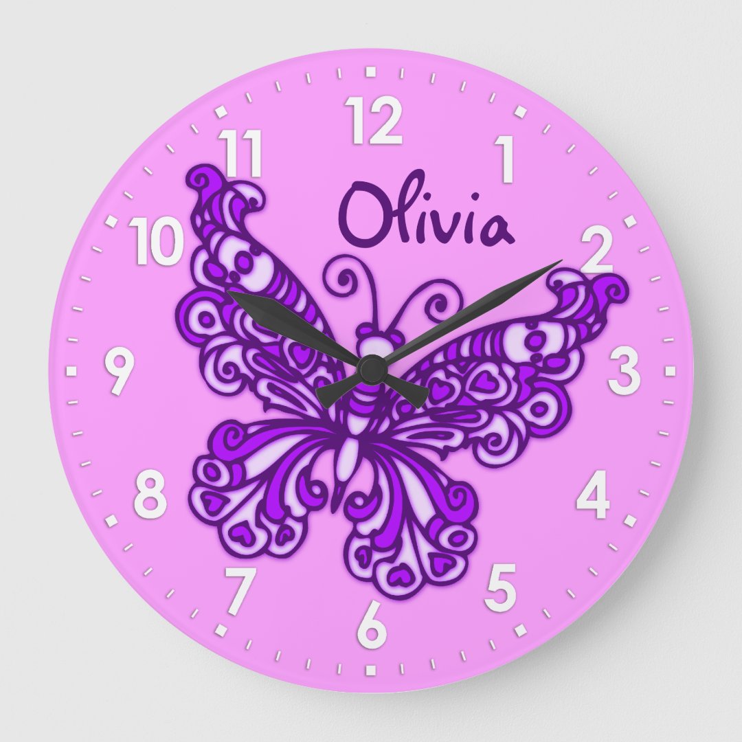 Butterfly purple girls room name wall clock | Zazzle