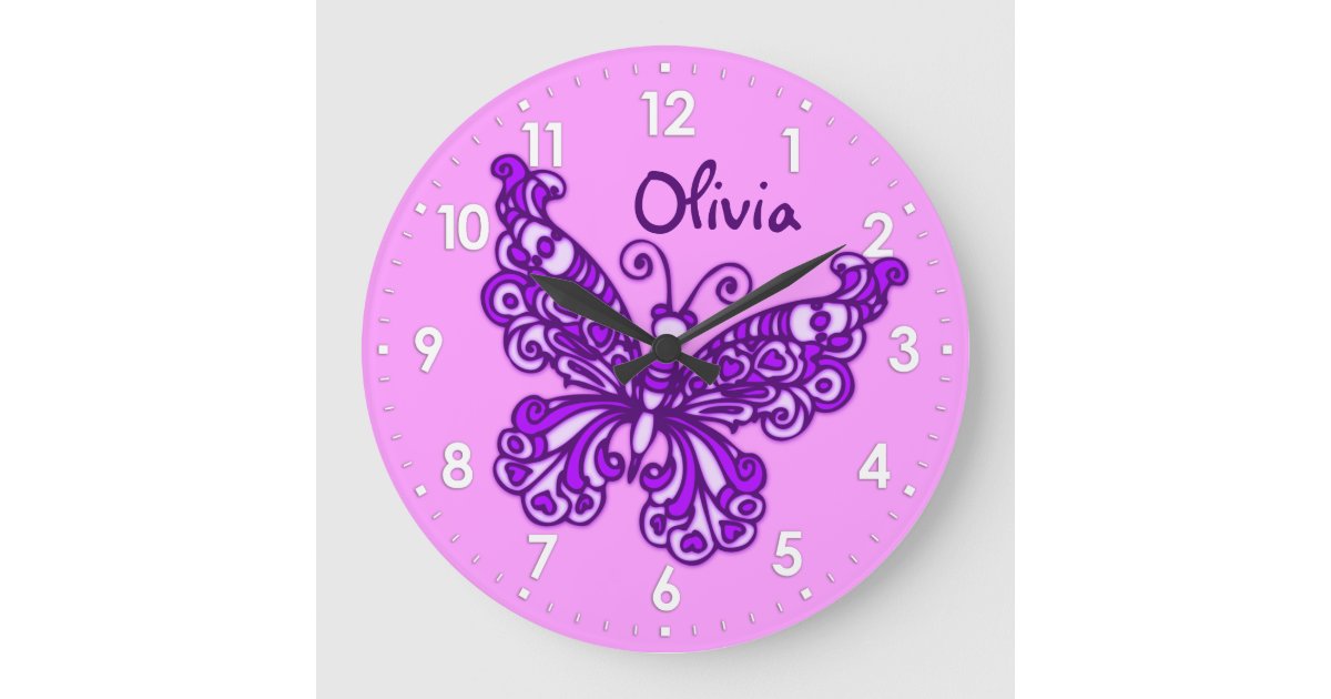 Butterfly purple girls room name wall clock | Zazzle