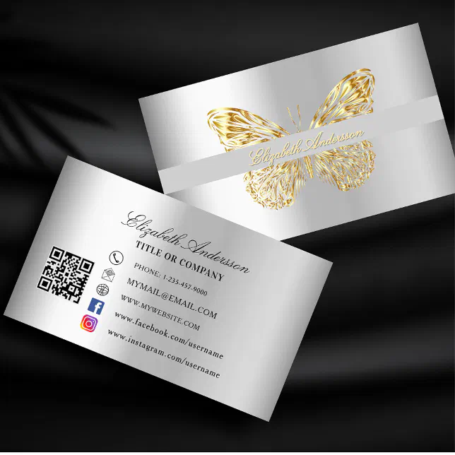 Butterfly silver gold QR code Business Card | Zazzle