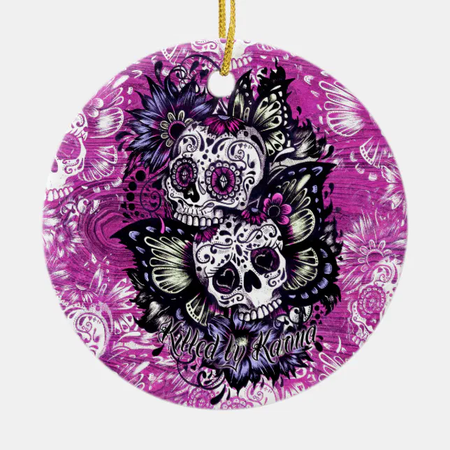 Butterfly sugar skulls on pink wood base. ceramic tree decoration | Zazzle
