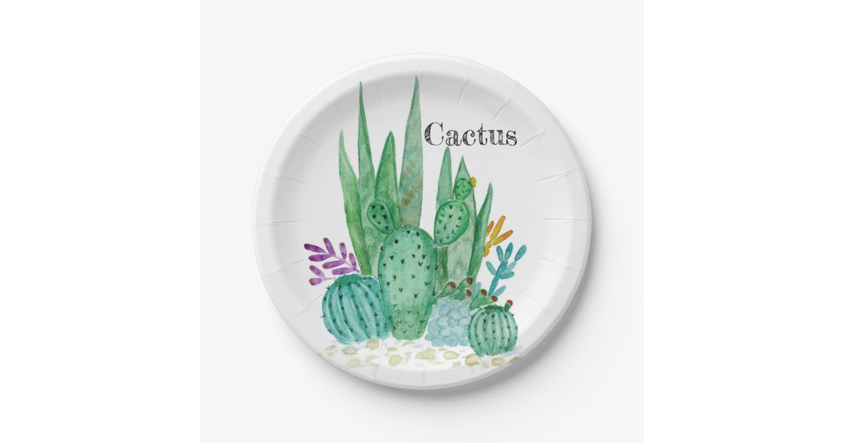 Cactus watercolor cacti flowers floral desert illu paper plate | Zazzle