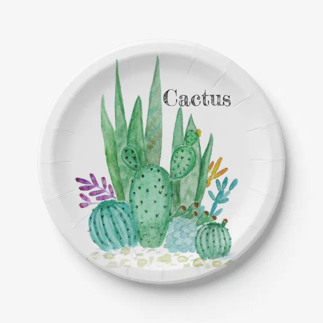 Cactus watercolor cacti flowers floral desert illu paper plate | Zazzle