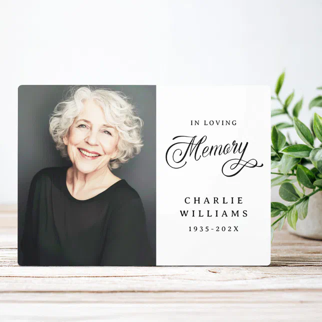 Calligraphy in loving memory funeral white photo plaque | Zazzle