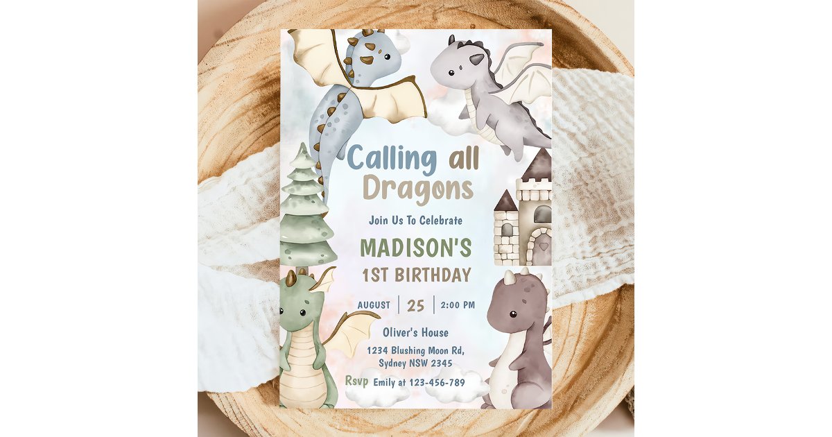 Calling All Dragons Watercolor 1st Birthday Invitation | Zazzle