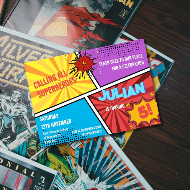 Calling All Superheroes Comic Kids Birthday Invitation | Zazzle