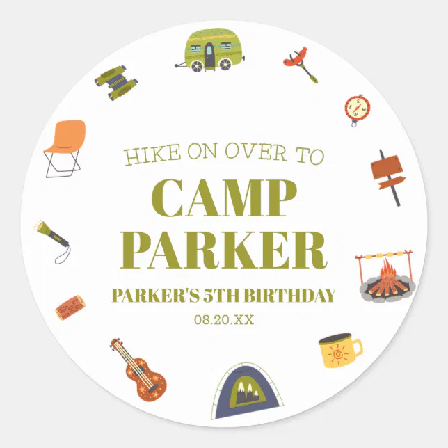 Camp Camping Camper Birthday Party Classic Round Sticker | Zazzle