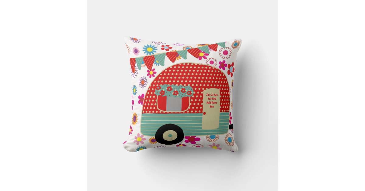 Camper Caravan Sayings Retro Red Green Custom Cushion | Zazzle