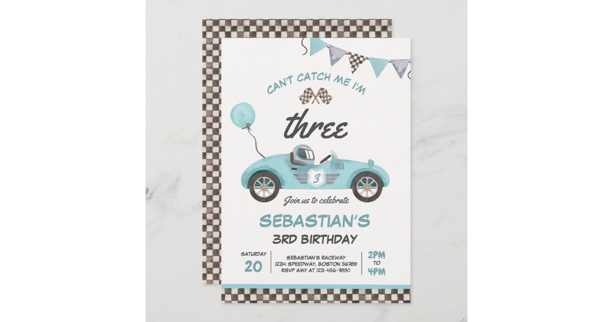 Can't Catch Me I'm Three Race Car 3rd Birthday Invitation | Zazzle