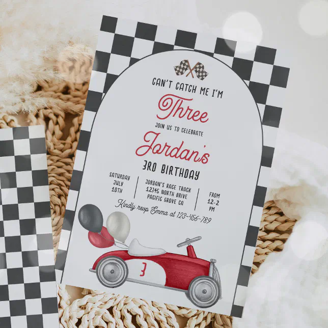 Can't Catch Me I'm Three Race Car 3rd Birthday Invitation | Zazzle