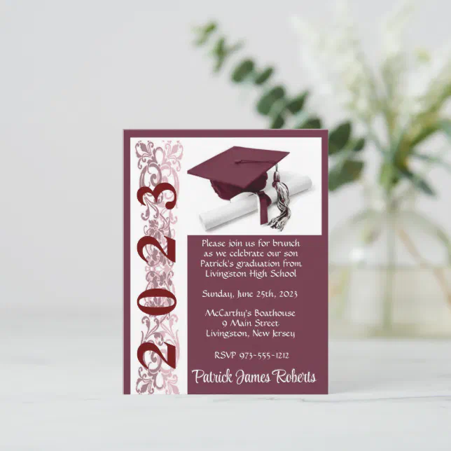 Cap & Diploma, Maroon Background Graduation Invitation | Zazzle