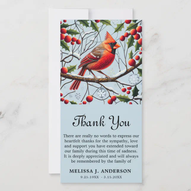 Cardinal Funeral Memorial Sympathy Thank You Card | Zazzle