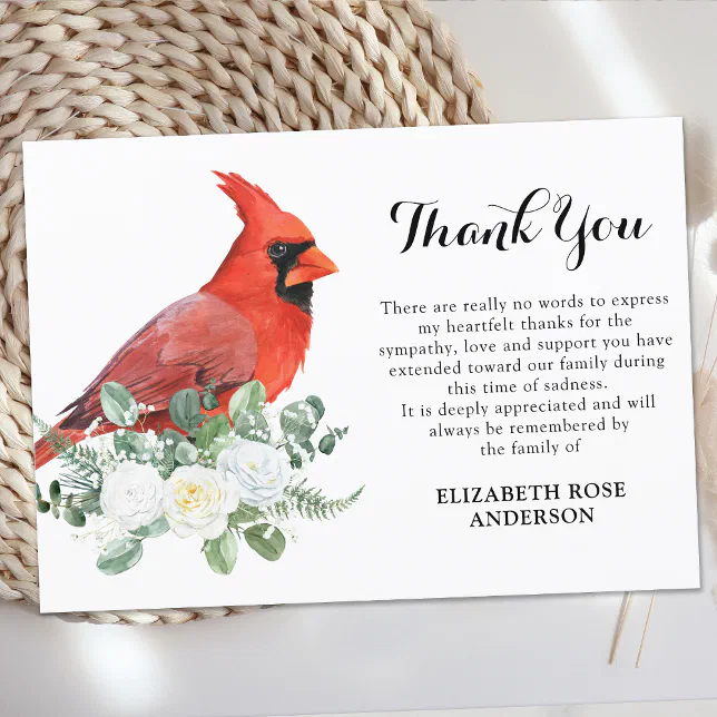 Cardinal Memorial Celebration of Life Sympathy Thank You Card | Zazzle